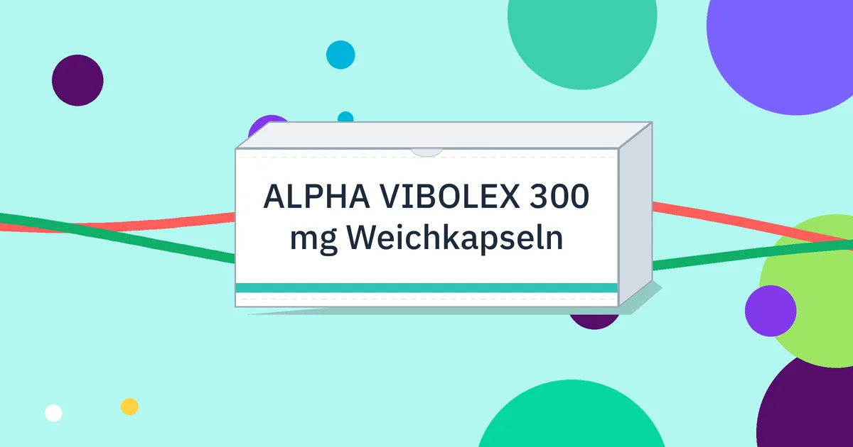 Symbolbild: Packung mit der Aufschrift ALPHA VIBOLEX 300 mg Weichkapseln (PZN 04887879) – Verfügbarkeit und Bezug in Apotheken in Frankfurt am Main