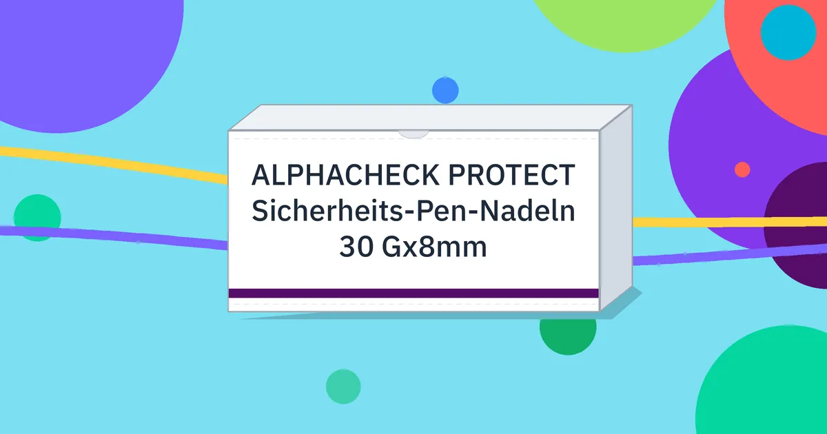 Symbolbild: Packung mit der Aufschrift ALPHACHECK PROTECT Sicherheits-Pen-Nadeln 30 Gx8mm (PZN 18037831) – Verfügbarkeit und Bezug in Apotheken in Frankfurt am Main