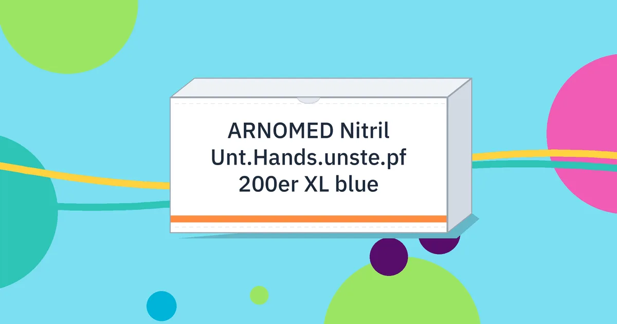Symbolbild: Packung mit der Aufschrift ARNOMED Nitril Unt.Hands.unste.pf 200er XL blue (PZN 18253434) – Verfügbarkeit und Bezug in Apotheken in Frankfurt am Main