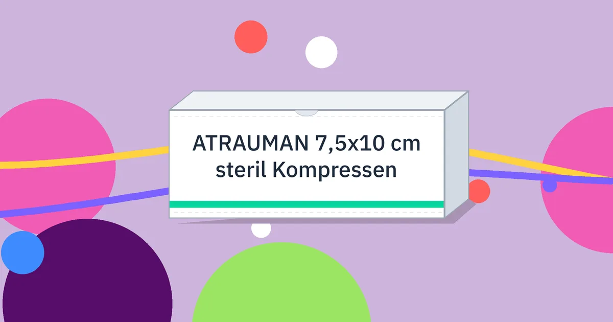 Symbolbild: Packung mit der Aufschrift ATRAUMAN 7,5x10 cm steril Kompressen (PZN 18127474) – Verfügbarkeit und Bezug in Apotheken in Frankfurt am Main