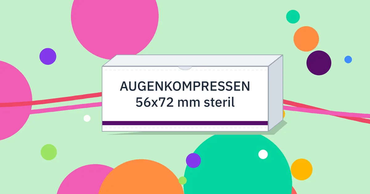 Symbolbild: Packung mit der Aufschrift AUGENKOMPRESSEN 56x72 mm steril (PZN 02446881) – Verfügbarkeit und Bezug in Apotheken in Frankfurt am Main