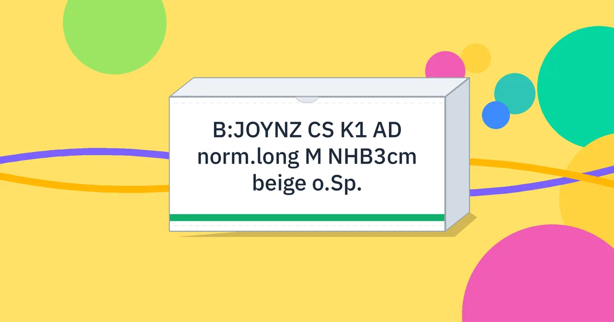 Symbolbild: Packung mit der Aufschrift B:JOYNZ CS K1 AD norm.long M NHB3cm beige o.Sp. (PZN 20529576) – Verfügbarkeit und Bezug in Apotheken in Frankfurt am Main
