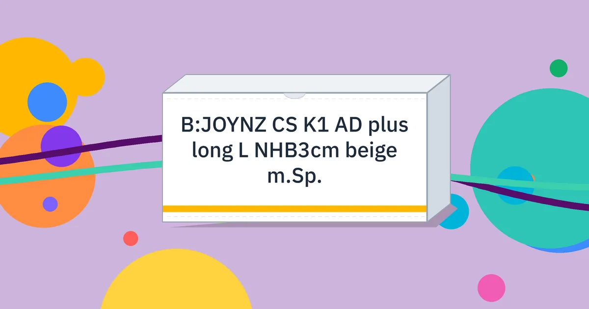 Symbolbild: Packung mit der Aufschrift B:JOYNZ CS K1 AD plus long L NHB3cm beige m.Sp. (PZN 20526052) – Verfügbarkeit und Bezug in Apotheken in Frankfurt am Main