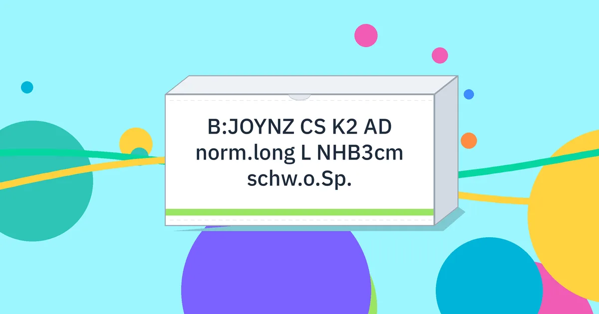 Symbolbild: Packung mit der Aufschrift B:JOYNZ CS K2 AD norm.long L NHB3cm schw.o.Sp. (PZN 20527123) – Verfügbarkeit und Bezug in Apotheken in Frankfurt am Main