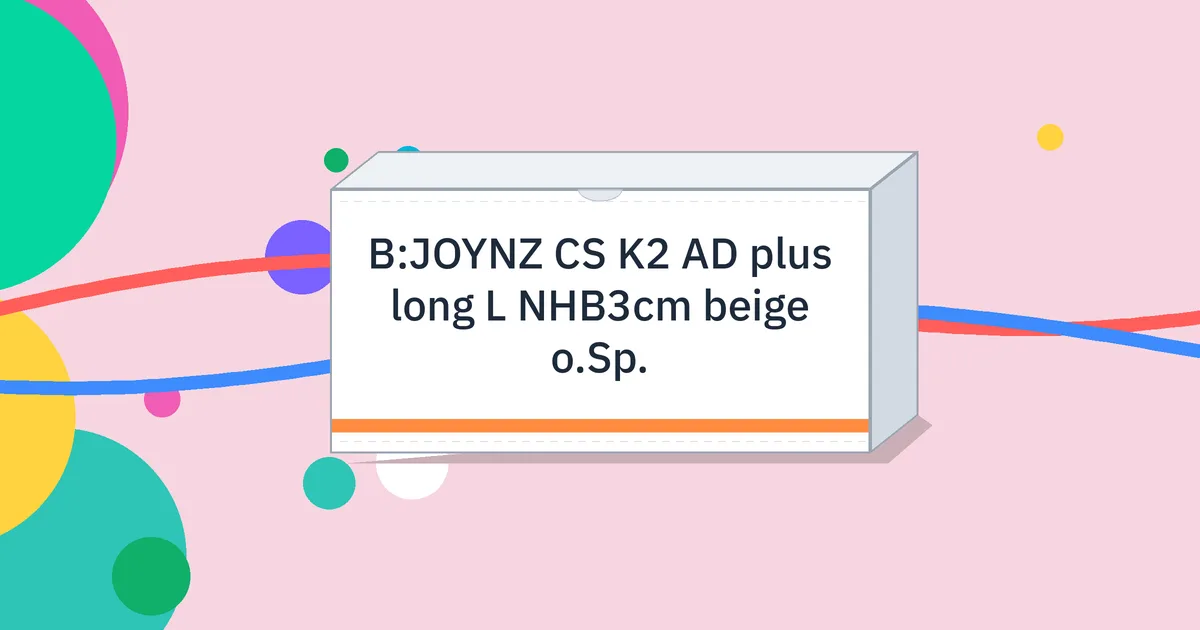 Symbolbild: Packung mit der Aufschrift B:JOYNZ CS K2 AD plus long L NHB3cm beige o.Sp. (PZN 20530332) – Verfügbarkeit und Bezug in Apotheken in Frankfurt am Main