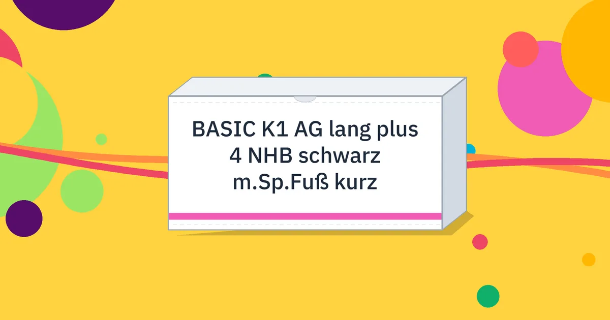 Symbolbild: Packung mit der Aufschrift BASIC K1 AG lang plus 4 NHB schwarz m.Sp.Fuß kurz (PZN 20260832) – Verfügbarkeit und Bezug in Apotheken in Frankfurt am Main