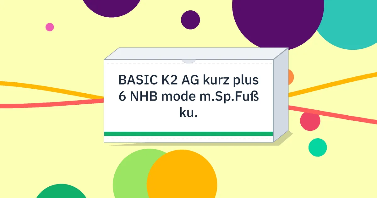 Symbolbild: Packung mit der Aufschrift BASIC K2 AG kurz plus 6 NHB mode m.Sp.Fuß ku. (PZN 20268638) – Verfügbarkeit und Bezug in Apotheken in Frankfurt am Main
