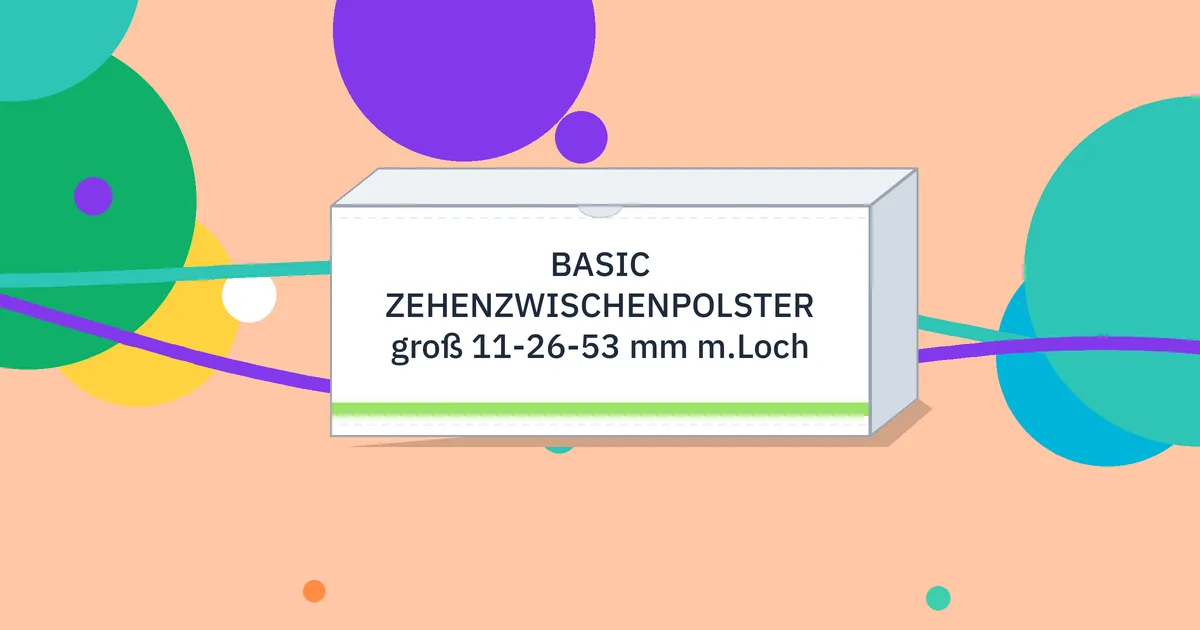 Symbolbild: Packung mit der Aufschrift BASIC ZEHENZWISCHENPOLSTER groß 11-26-53 mm m.Loch (PZN 15380557) – Verfügbarkeit und Bezug in Apotheken in Frankfurt am Main