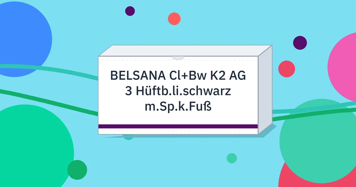 Symbolbild: Packung mit der Aufschrift BELSANA Cl+Bw K2 AG 3 Hüftb.li.schwarz m.Sp.k.Fuß (PZN 12254409) – Verfügbarkeit und Bezug in Apotheken in Frankfurt am Main