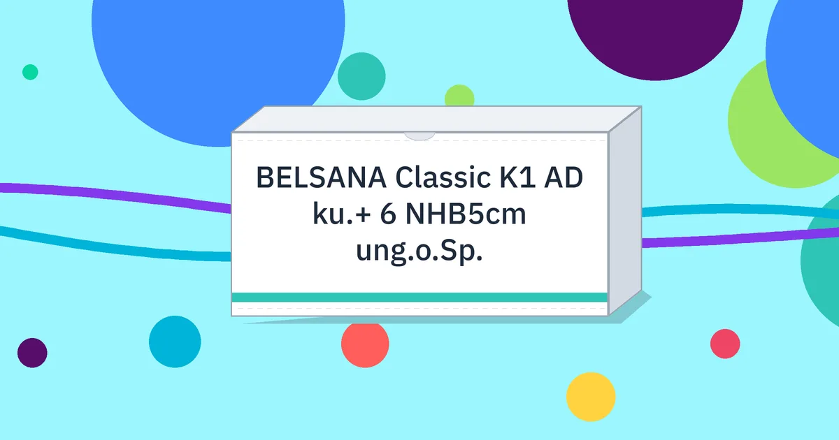 Symbolbild: Packung mit der Aufschrift BELSANA Classic K1 AD ku.+ 6 NHB5cm ung.o.Sp. (PZN 19257523) – Verfügbarkeit und Bezug in Apotheken in Frankfurt am Main