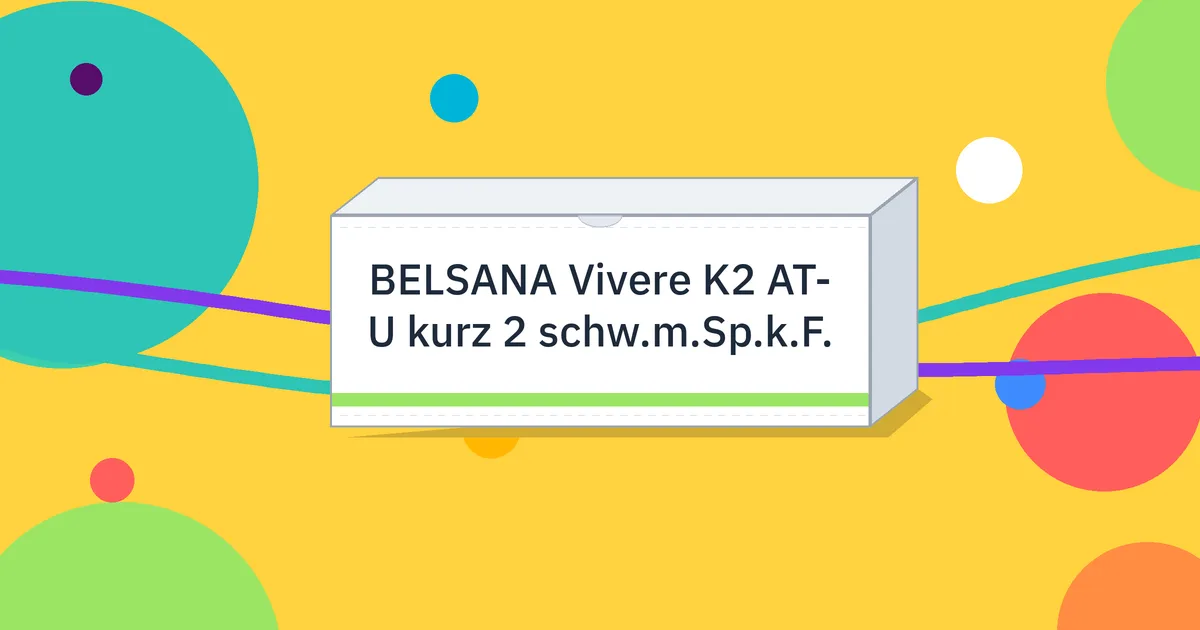 Symbolbild: Packung mit der Aufschrift BELSANA Vivere K2 AT-U kurz 2 schw.m.Sp.k.F. (PZN 08536272) – Verfügbarkeit und Bezug in Apotheken in Frankfurt am Main