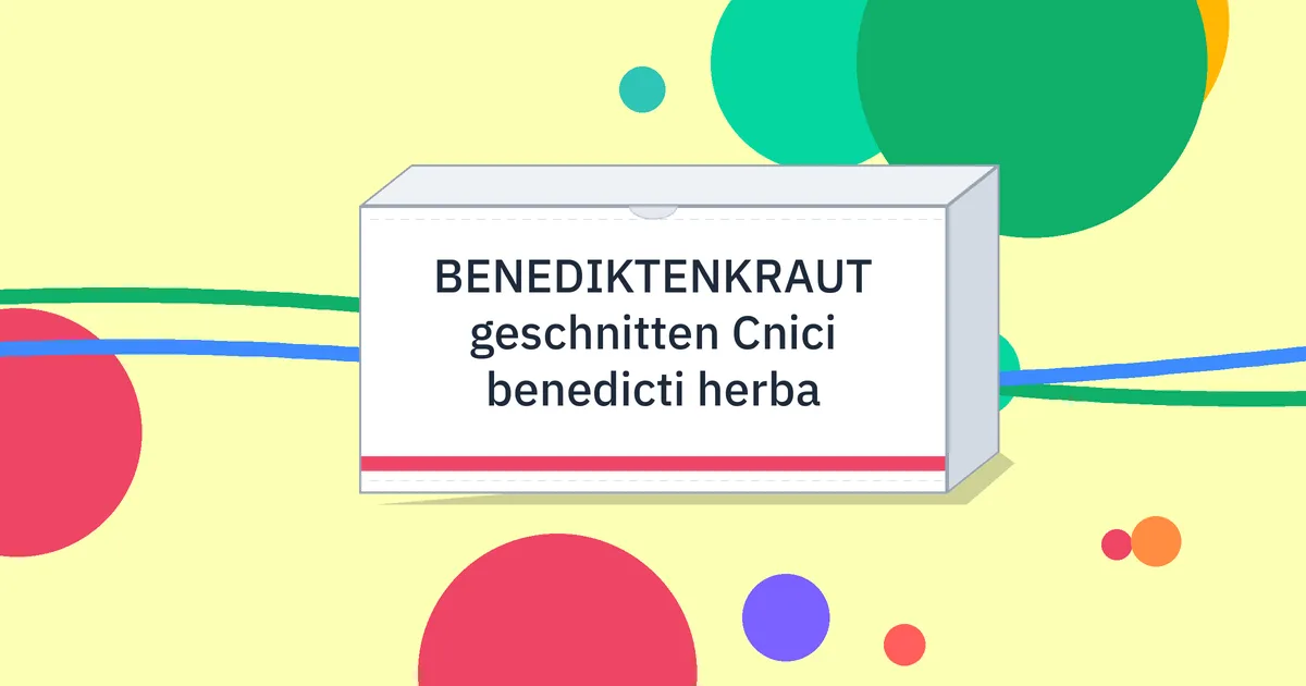 Symbolbild: Packung mit der Aufschrift BENEDIKTENKRAUT geschnitten Cnici benedicti herba (PZN 20953417) – Verfügbarkeit und Bezug in Apotheken in Frankfurt am Main