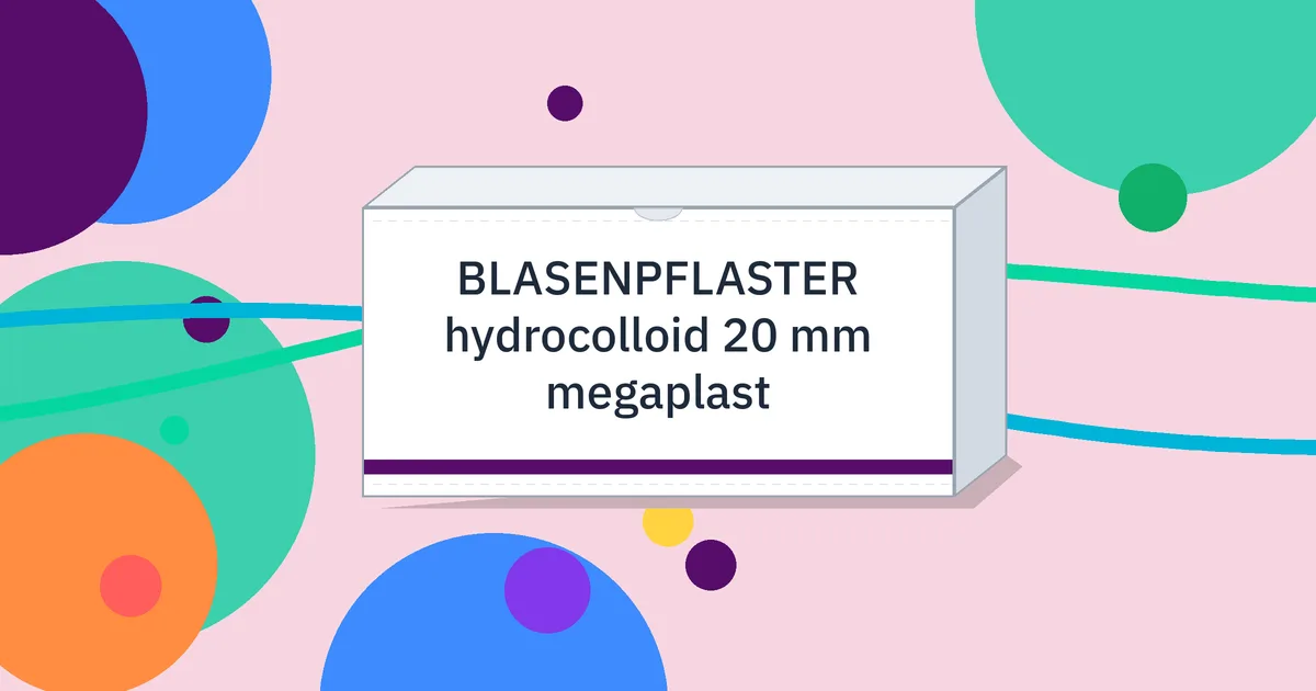 Symbolbild: Packung mit der Aufschrift BLASENPFLASTER hydrocolloid 20 mm megaplast (PZN 16500443) – Verfügbarkeit und Bezug in Apotheken in Frankfurt am Main