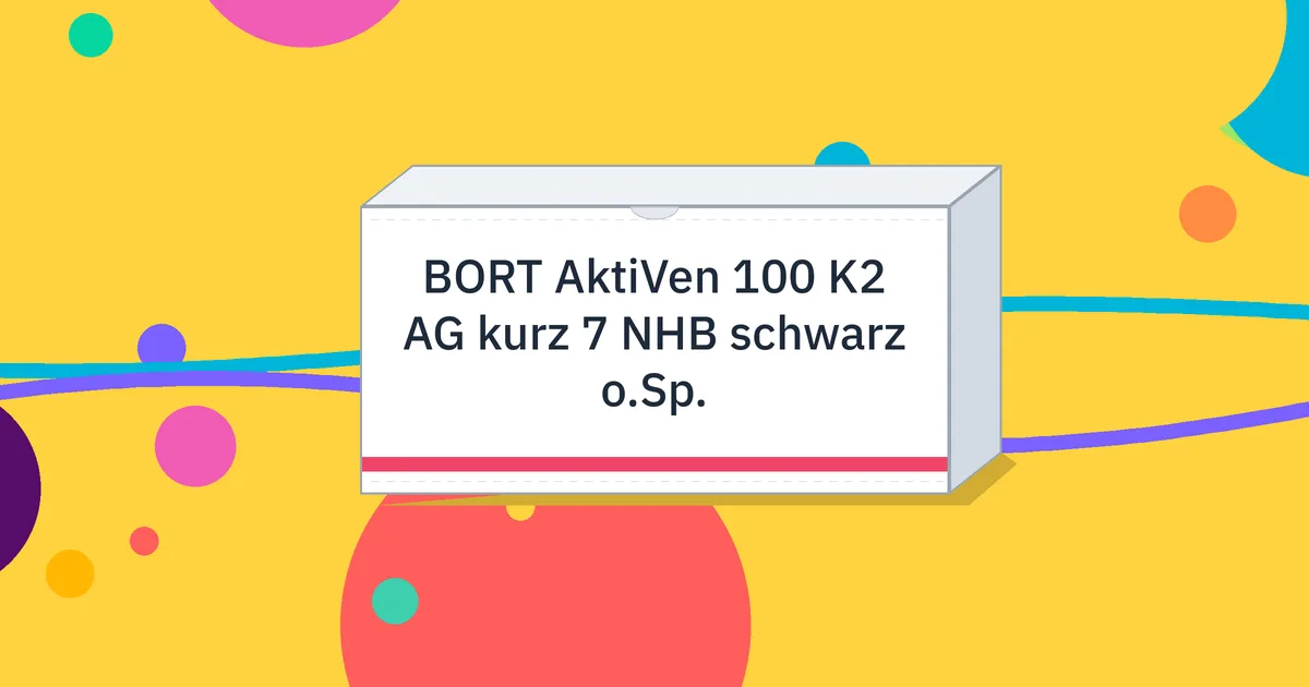 Symbolbild: Packung mit der Aufschrift BORT AktiVen 100 K2 AG kurz 7 NHB schwarz o.Sp. (PZN 14387445) – Verfügbarkeit und Bezug in Apotheken in Frankfurt am Main