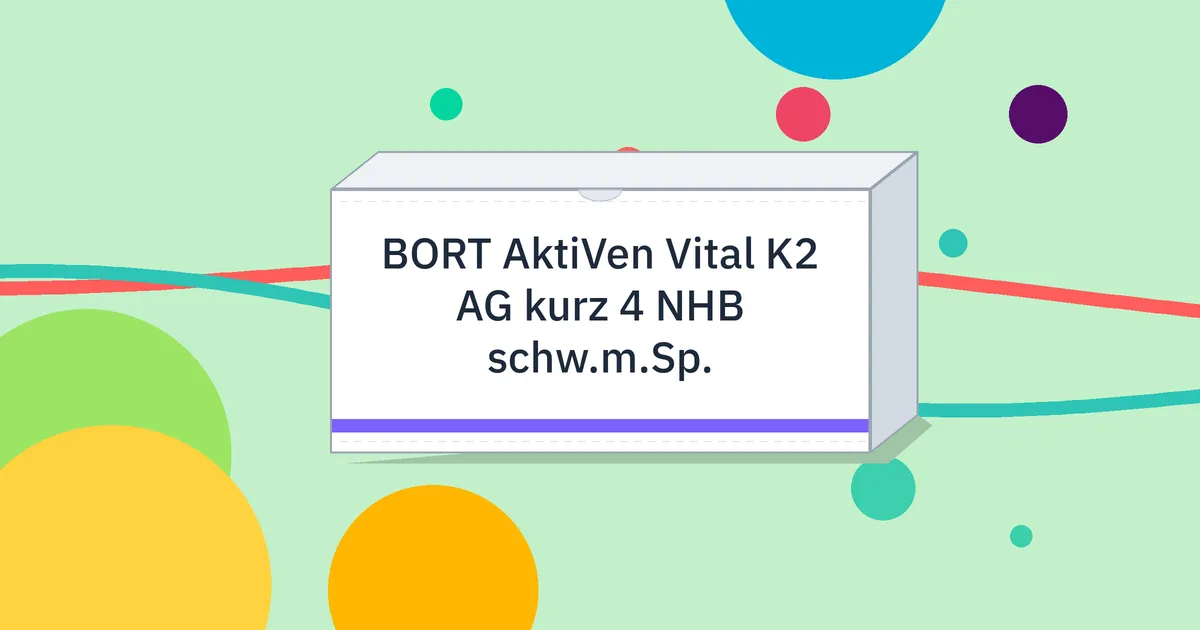 Symbolbild: Packung mit der Aufschrift BORT AktiVen Vital K2 AG kurz 4 NHB schw.m.Sp. (PZN 12385092) – Verfügbarkeit und Bezug in Apotheken in Frankfurt am Main