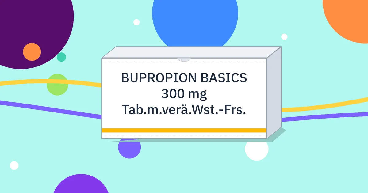 Symbolbild: Packung mit der Aufschrift BUPROPION BASICS 300 mg Tab.m.verä.Wst.-Frs. (PZN 19739831) – Verfügbarkeit und Bezug in Apotheken in Frankfurt am Main