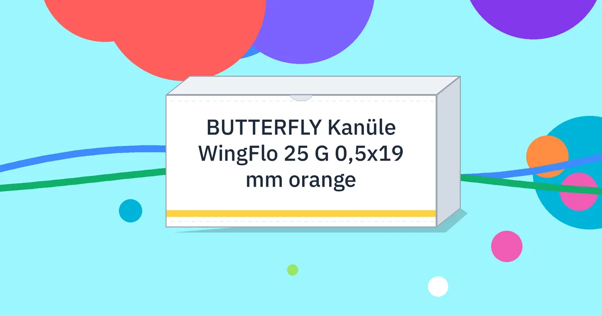 Symbolbild: Packung mit der Aufschrift BUTTERFLY Kanüle WingFlo 25 G 0,5x19 mm orange (PZN 18055007) – Verfügbarkeit und Bezug in Apotheken in Frankfurt am Main
