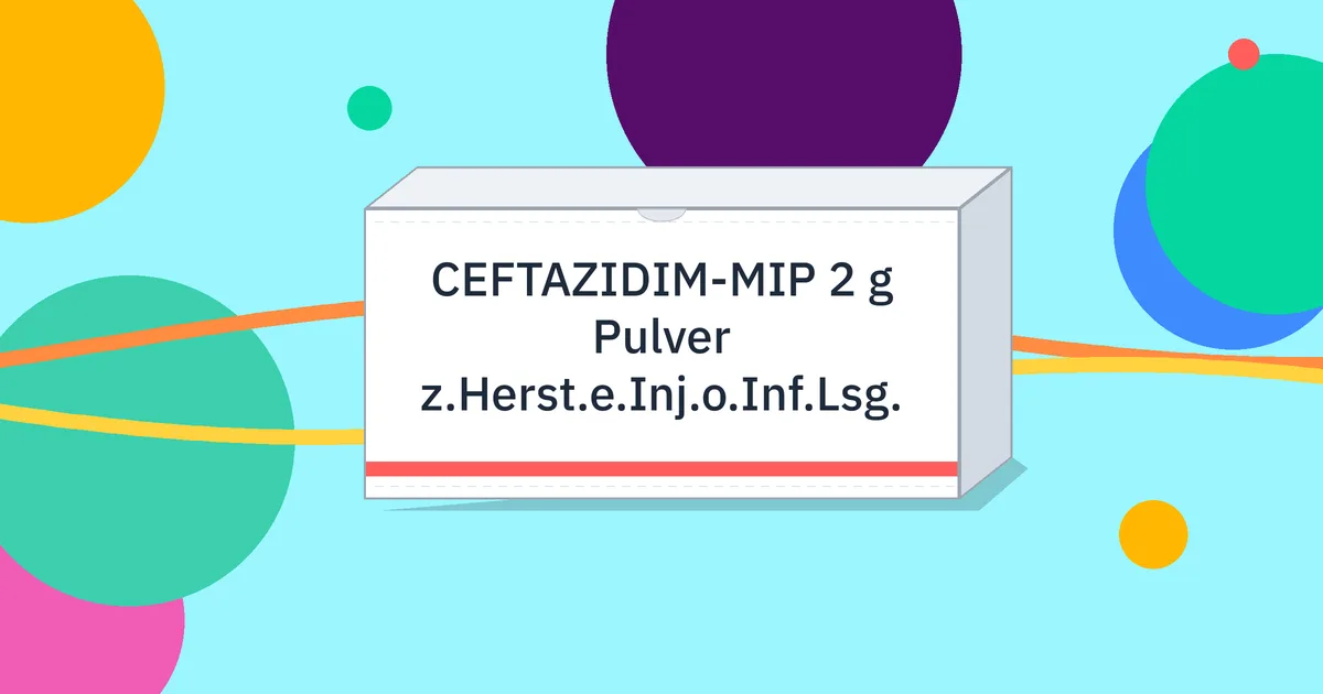 Symbolbild: Packung mit der Aufschrift CEFTAZIDIM-MIP 2 g Pulver z.Herst.e.Inj.o.Inf.Lsg. (PZN 11483622) – Verfügbarkeit und Bezug in Apotheken in Frankfurt am Main