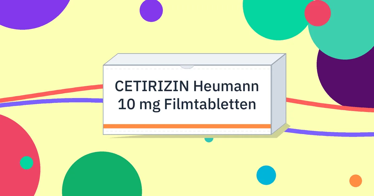 Symbolbild: Packung mit der Aufschrift CETIRIZIN Heumann 10 mg Filmtabletten (PZN 02075479) – Verfügbarkeit und Bezug in Apotheken in Frankfurt am Main