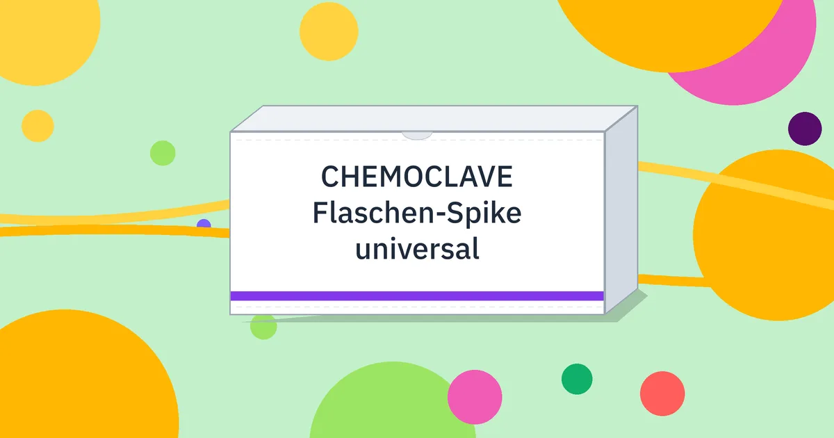 Symbolbild: Packung mit der Aufschrift CHEMOCLAVE Flaschen-Spike universal (PZN 19442893) – Verfügbarkeit und Bezug in Apotheken in Frankfurt am Main