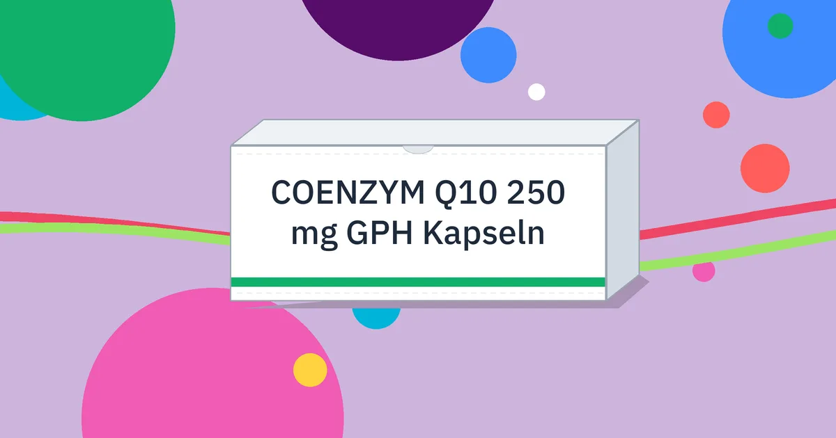 Symbolbild: Packung mit der Aufschrift COENZYM Q10 250 mg GPH Kapseln (PZN 06832919) – Verfügbarkeit und Bezug in Apotheken in Frankfurt am Main