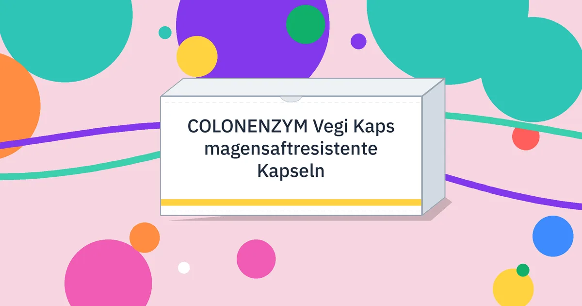 Symbolbild: Packung mit der Aufschrift COLONENZYM Vegi Kaps magensaftresistente Kapseln (PZN 15245664) – Verfügbarkeit und Bezug in Apotheken in Frankfurt am Main