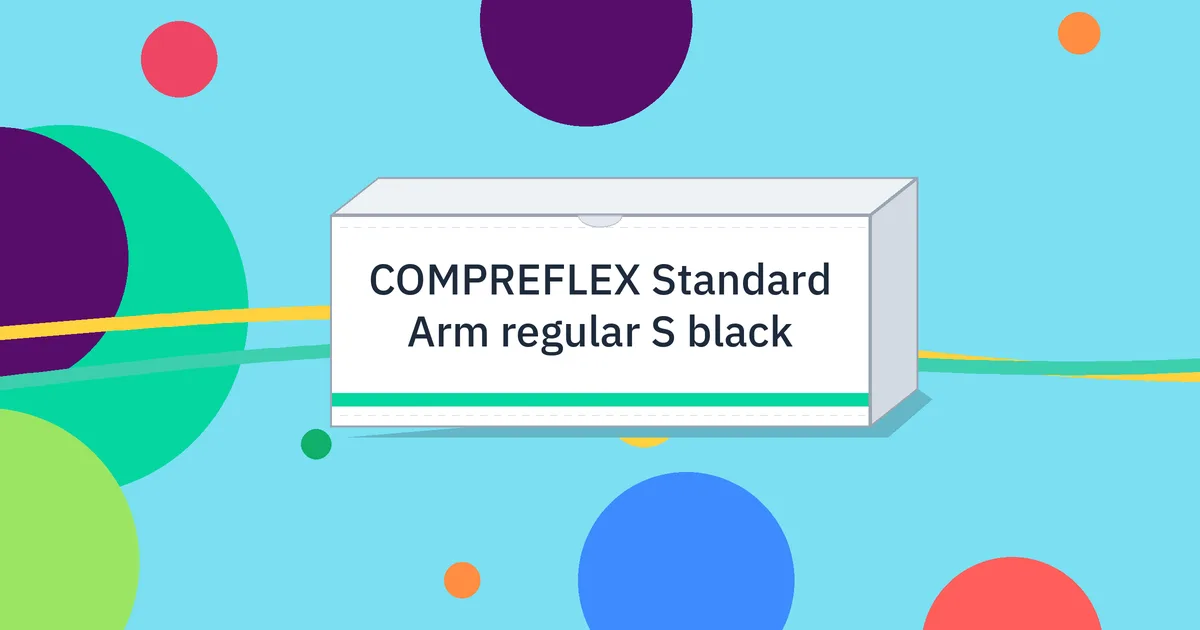 Symbolbild: Packung mit der Aufschrift COMPREFLEX Standard Arm regular S black (PZN 19535376) – Verfügbarkeit und Bezug in Apotheken in Frankfurt am Main