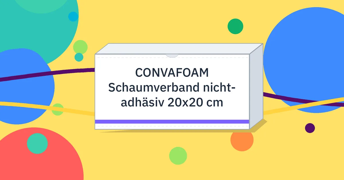 Symbolbild: Packung mit der Aufschrift CONVAFOAM Schaumverband nicht-adhäsiv 20x20 cm (PZN 19883278) – Verfügbarkeit und Bezug in Apotheken in Frankfurt am Main