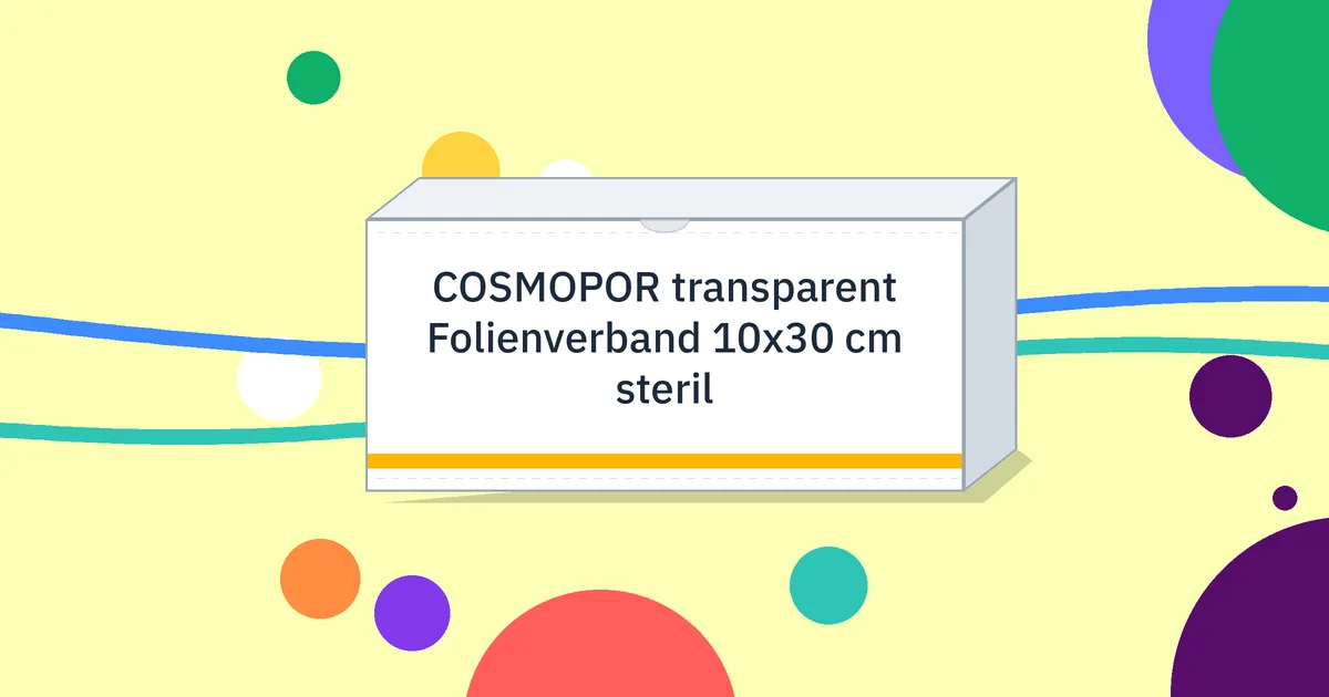 Symbolbild: Packung mit der Aufschrift COSMOPOR transparent Folienverband 10x30 cm steril (PZN 17206272) – Verfügbarkeit und Bezug in Apotheken in Frankfurt am Main