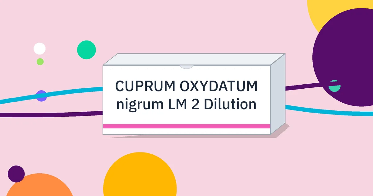 Symbolbild: Packung mit der Aufschrift CUPRUM OXYDATUM nigrum LM 2 Dilution (PZN 13458551) – Verfügbarkeit und Bezug in Apotheken in Frankfurt am Main