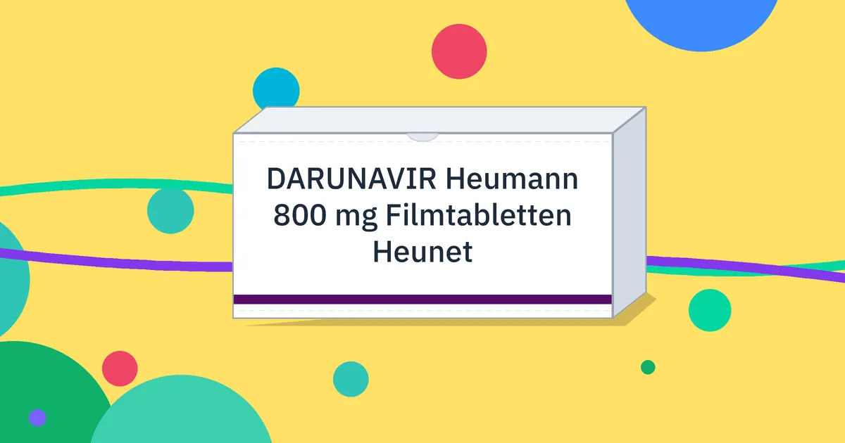 Symbolbild: Packung mit der Aufschrift DARUNAVIR Heumann 800 mg Filmtabletten Heunet (PZN 17591991) – Verfügbarkeit und Bezug in Apotheken in Frankfurt am Main