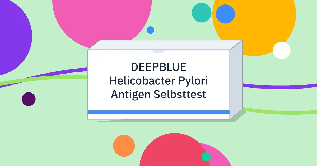 Symbolbild: Packung mit der Aufschrift DEEPBLUE Helicobacter Pylori Antigen Selbsttest (PZN 20858133) – Verfügbarkeit und Bezug in Apotheken in Frankfurt am Main