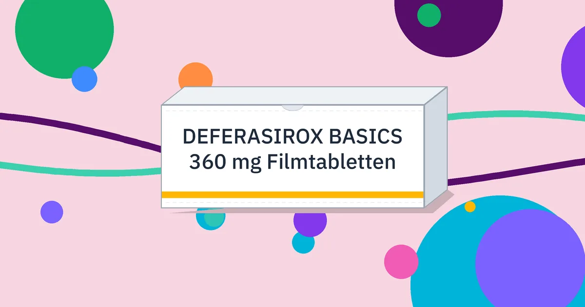 Symbolbild: Packung mit der Aufschrift DEFERASIROX BASICS 360 mg Filmtabletten (PZN 19192953) – Verfügbarkeit und Bezug in Apotheken in Frankfurt am Main