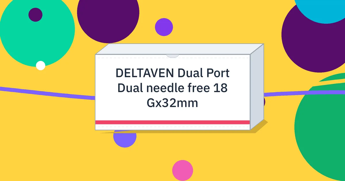 Symbolbild: Packung mit der Aufschrift DELTAVEN Dual Port Dual needle free 18 Gx32mm (PZN 18873852) – Verfügbarkeit und Bezug in Apotheken in Frankfurt am Main