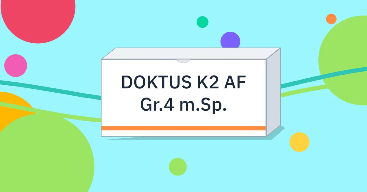 Symbolbild: Packung mit der Aufschrift DOKTUS K2 AF Gr.4 m.Sp. (PZN 03309057) – Verfügbarkeit und Bezug in Apotheken in Frankfurt am Main