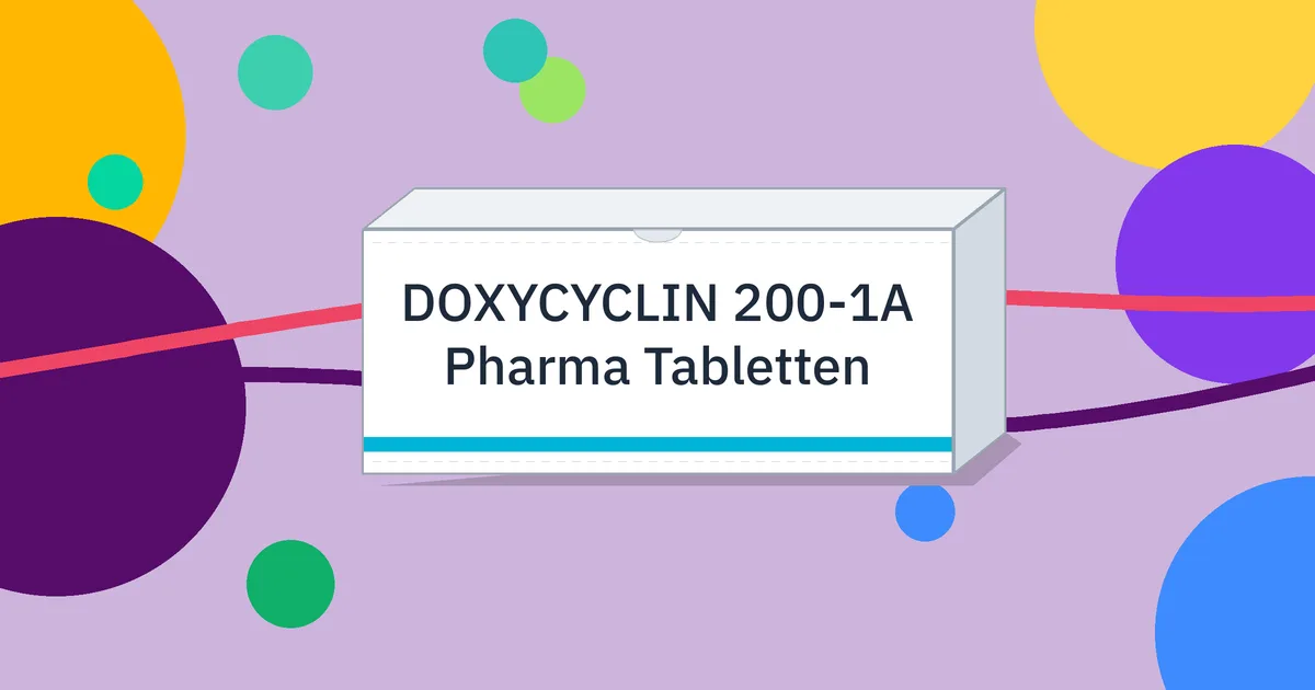 Symbolbild: Packung mit der Aufschrift DOXYCYCLIN 200-1A Pharma Tabletten (PZN 06437057) – Verfügbarkeit und Bezug in Apotheken in Frankfurt am Main