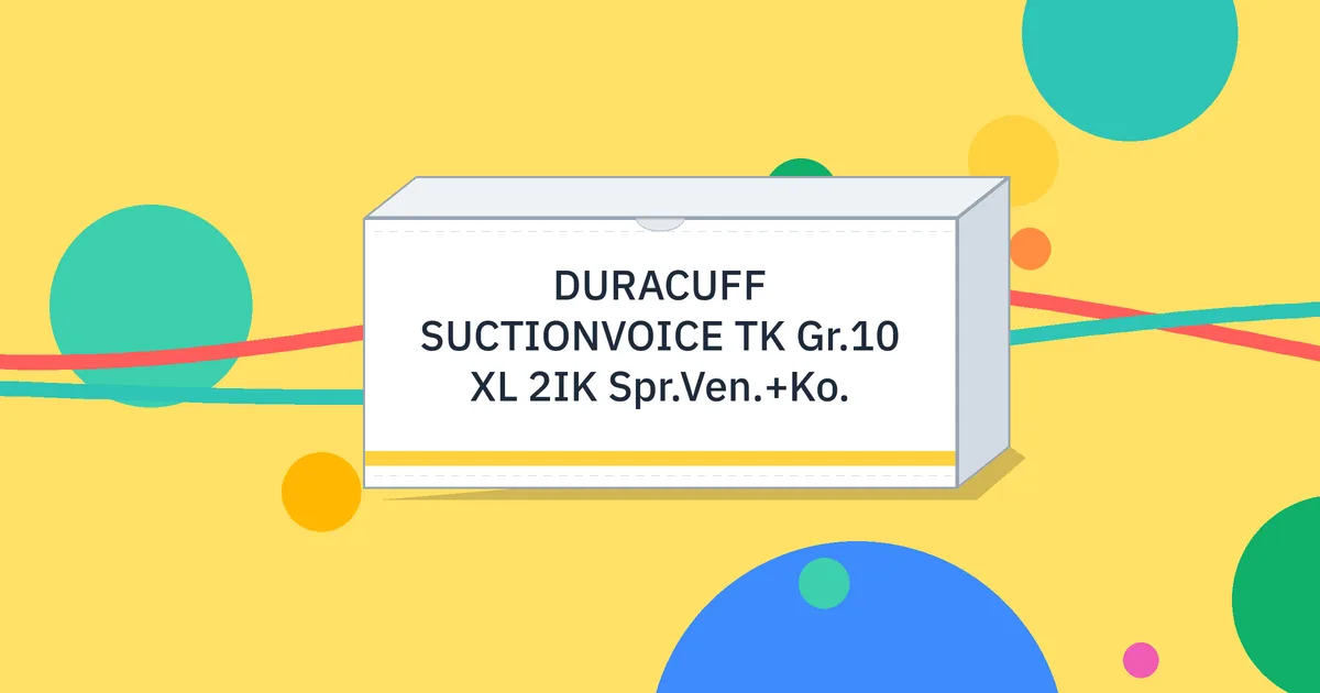 Symbolbild: Packung mit der Aufschrift DURACUFF SUCTIONVOICE TK Gr.10 XL 2IK Spr.Ven.+Ko. (PZN 04964781) – Verfügbarkeit und Bezug in Apotheken in Frankfurt am Main