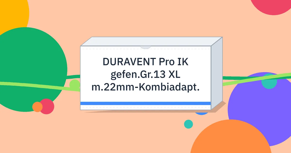 Symbolbild: Packung mit der Aufschrift DURAVENT Pro IK gefen.Gr.13 XL m.22mm-Kombiadapt. (PZN 19243544) – Verfügbarkeit und Bezug in Apotheken in Frankfurt am Main