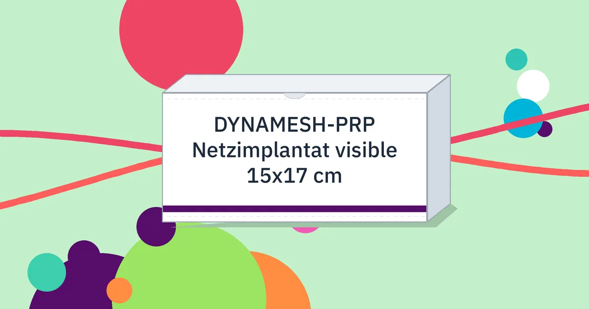 Symbolbild: Packung mit der Aufschrift DYNAMESH-PRP Netzimplantat visible 15x17 cm (PZN 19390386) – Verfügbarkeit und Bezug in Apotheken in Frankfurt am Main