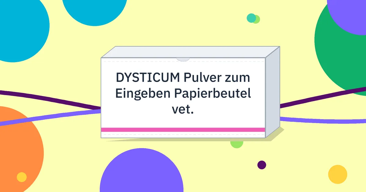 Symbolbild: Packung mit der Aufschrift DYSTICUM Pulver zum Eingeben Papierbeutel vet. (PZN 04648784) – Verfügbarkeit und Bezug in Apotheken in Frankfurt am Main