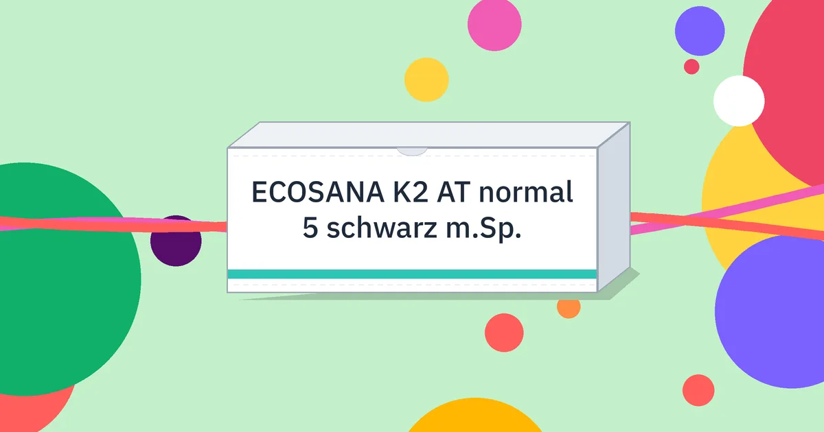 Symbolbild: Packung mit der Aufschrift ECOSANA K2 AT normal 5 schwarz m.Sp. (PZN 01561166) – Verfügbarkeit und Bezug in Apotheken in Frankfurt am Main