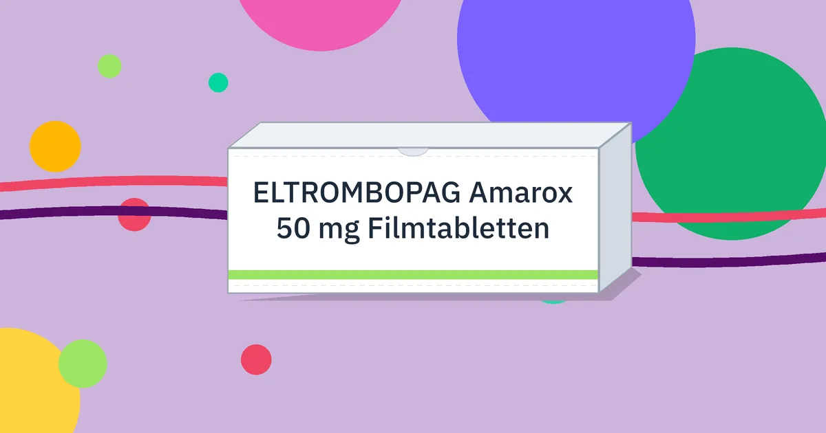 Symbolbild: Packung mit der Aufschrift ELTROMBOPAG Amarox 50 mg Filmtabletten (PZN 19708575) – Verfügbarkeit und Bezug in Apotheken in Frankfurt am Main