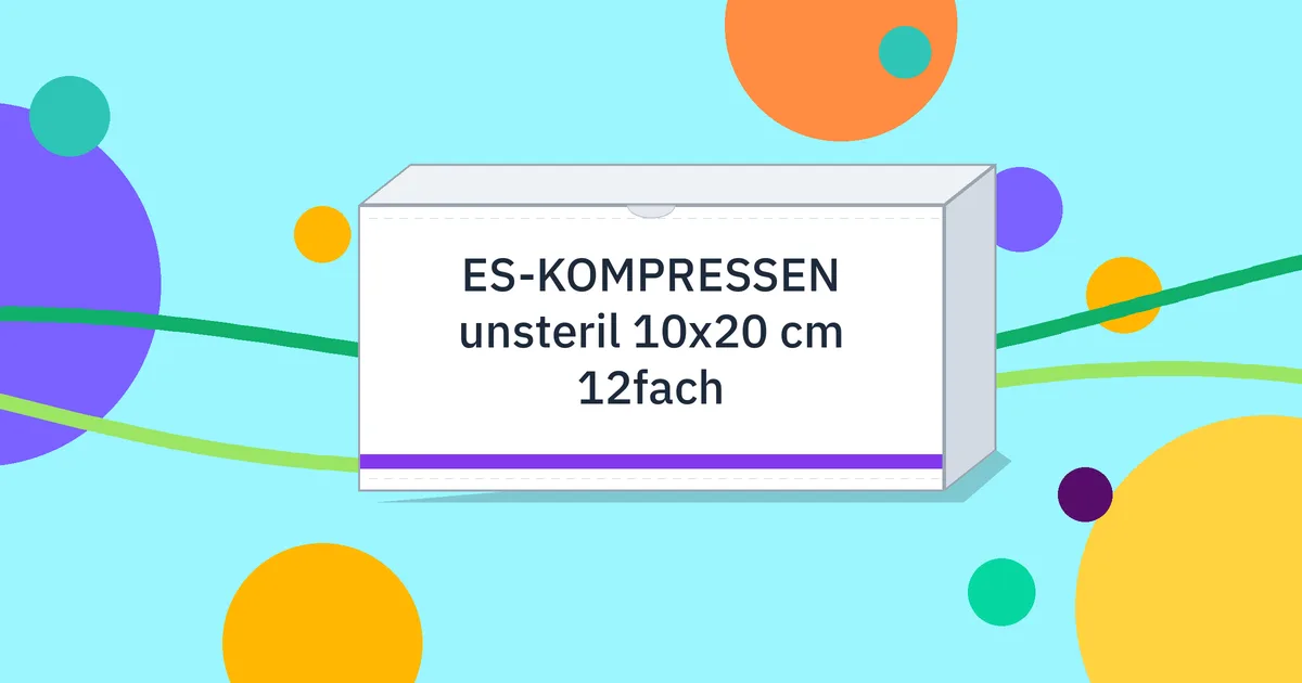 Symbolbild: Packung mit der Aufschrift ES-KOMPRESSEN unsteril 10x20 cm 12fach (PZN 16205230) – Verfügbarkeit und Bezug in Apotheken in Frankfurt am Main