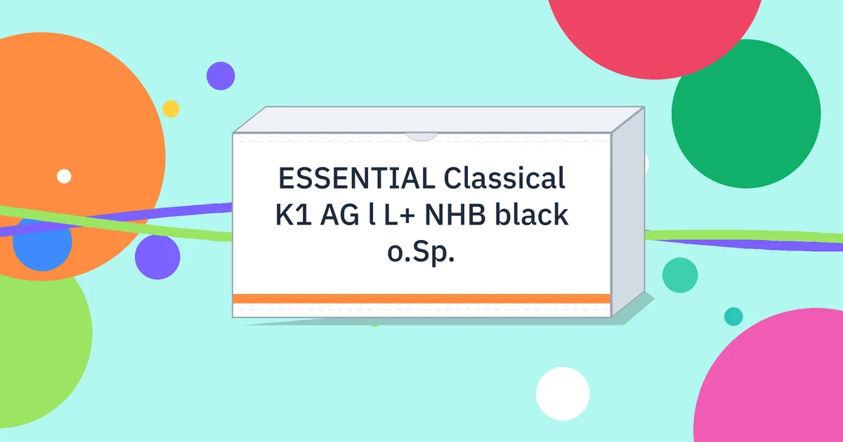 Symbolbild: Packung mit der Aufschrift ESSENTIAL Classical K1 AG l L+ NHB black o.Sp. (PZN 17004551) – Verfügbarkeit und Bezug in Apotheken in Frankfurt am Main