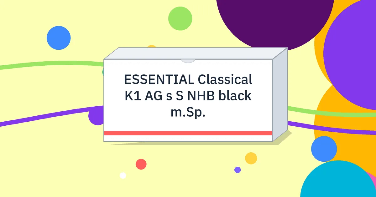 Symbolbild: Packung mit der Aufschrift ESSENTIAL Classical K1 AG s S NHB black m.Sp. (PZN 17002517) – Verfügbarkeit und Bezug in Apotheken in Frankfurt am Main