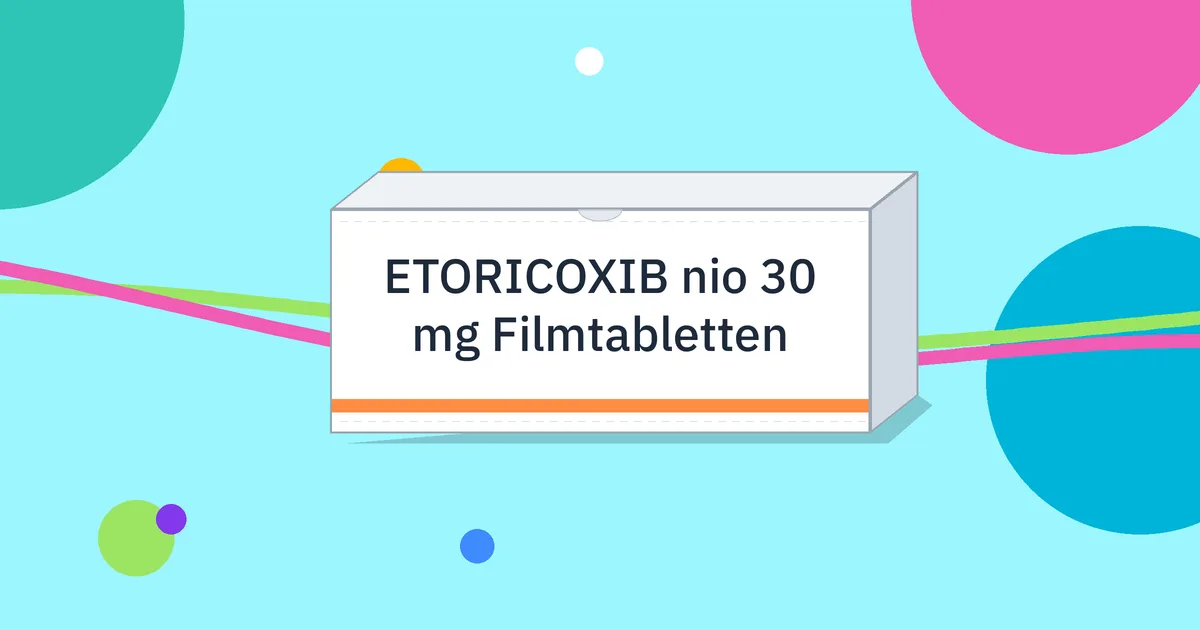 Symbolbild: Packung mit der Aufschrift ETORICOXIB nio 30 mg Filmtabletten (PZN 20348001) – Verfügbarkeit und Bezug in Apotheken in Frankfurt am Main
