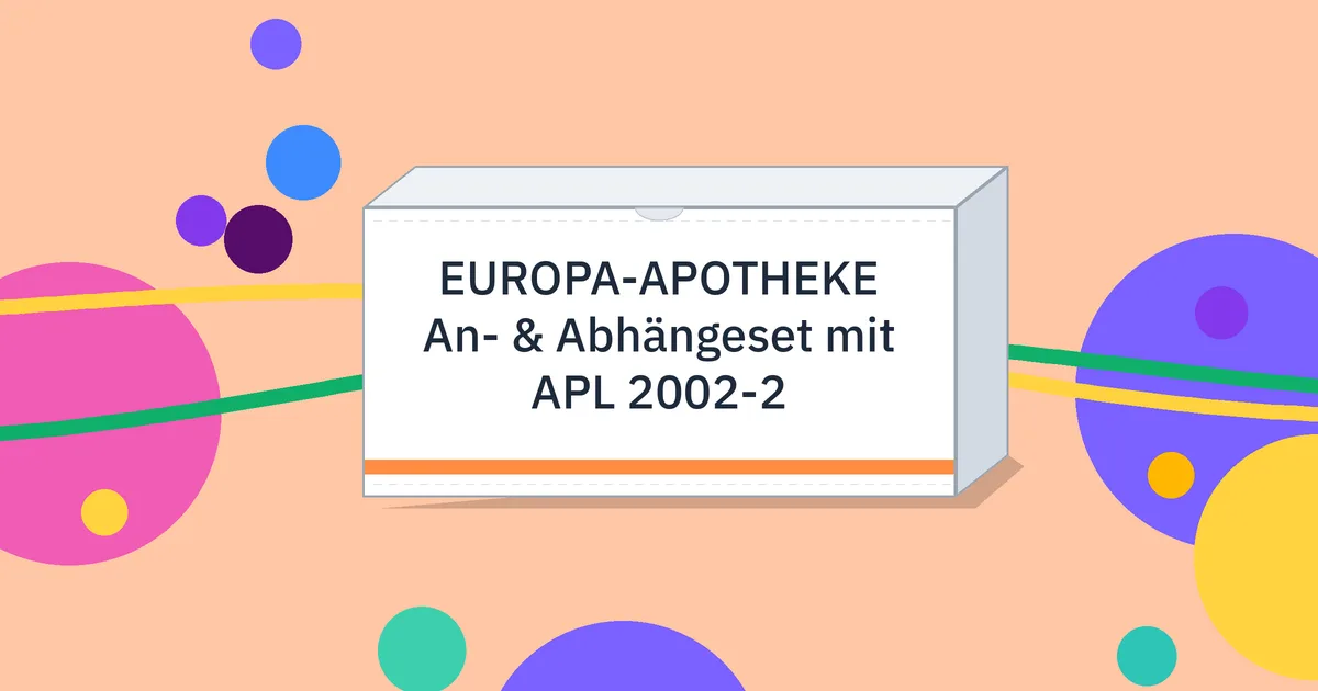 Symbolbild: Packung mit der Aufschrift EUROPA-APOTHEKE An- & Abhängeset mit APL 2002-2 (PZN 19288989) – Verfügbarkeit und Bezug in Apotheken in Frankfurt am Main