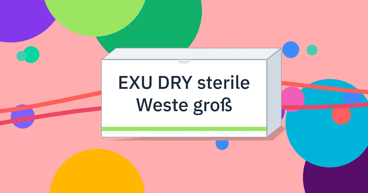 Symbolbild: Packung mit der Aufschrift EXU DRY sterile Weste groß (PZN 01094078) – Verfügbarkeit und Bezug in Apotheken in Frankfurt am Main