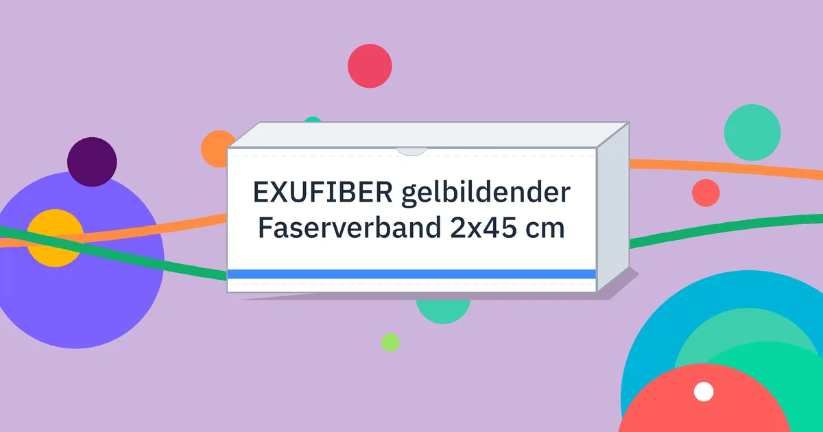 Symbolbild: Packung mit der Aufschrift EXUFIBER gelbildender Faserverband 2x45 cm (PZN 12577414) – Verfügbarkeit und Bezug in Apotheken in Frankfurt am Main