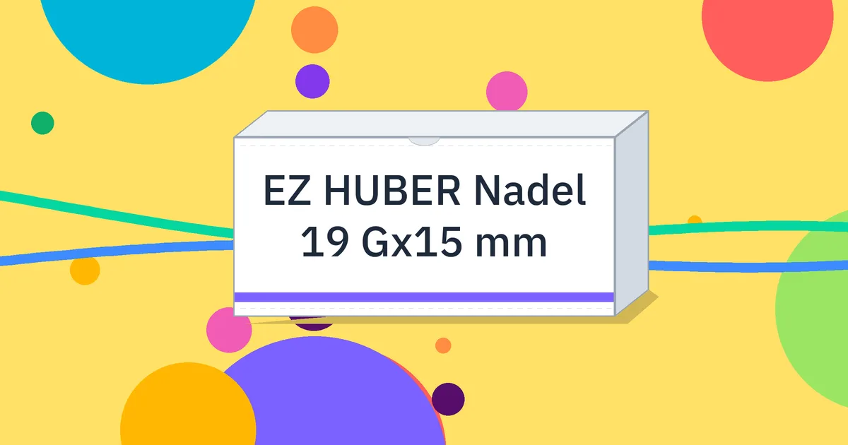 Symbolbild: Packung mit der Aufschrift EZ HUBER Nadel 19 Gx15 mm (PZN 06945285) – Verfügbarkeit und Bezug in Apotheken in Frankfurt am Main